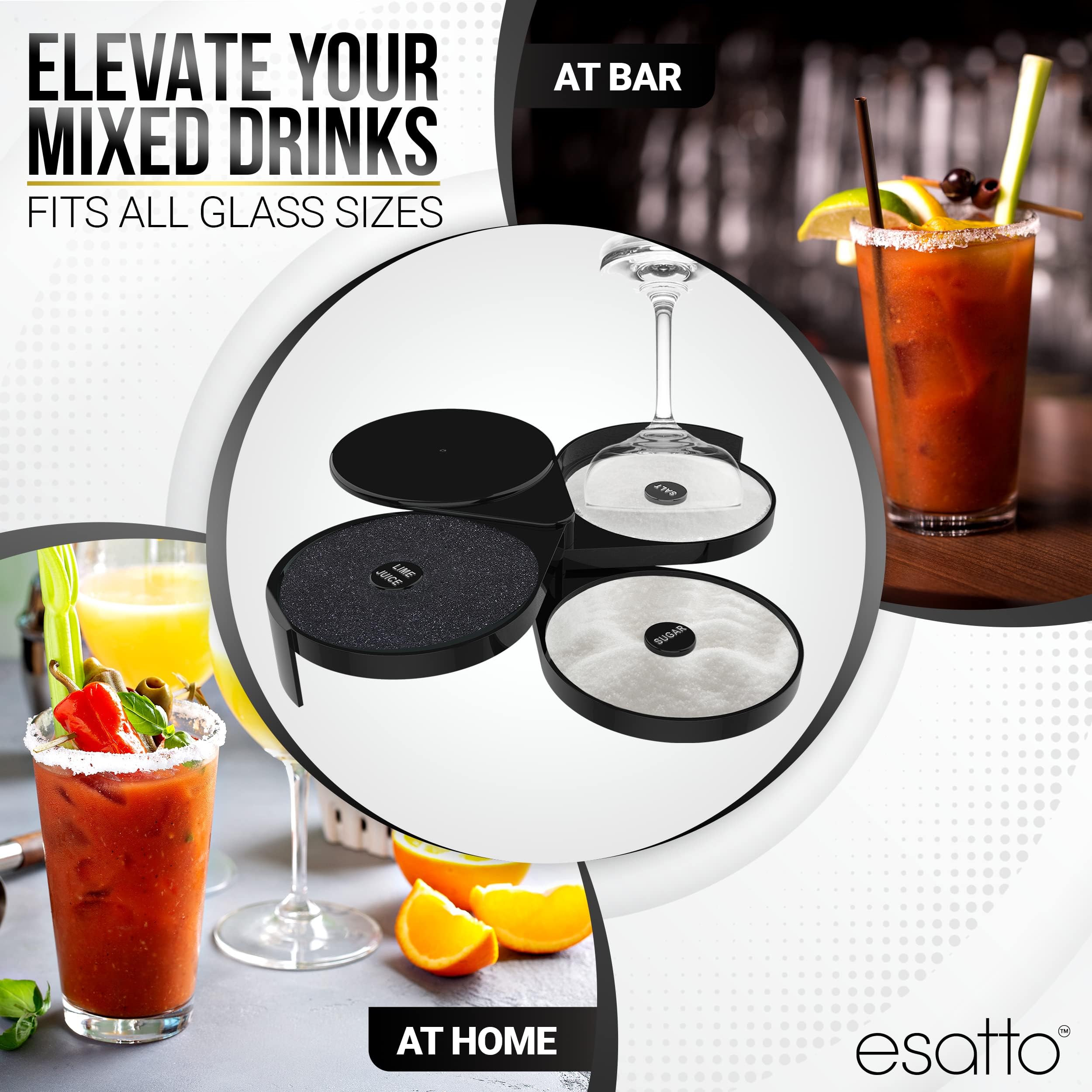 Esatto Glass Salt Rimmer 3 Tier for Margarita Tray and Cocktail, White with 2 Extra Sponge’s + 3 Pourers – Apply Salt, Sugar, and Lime Juice for Better Drinks and Efficient Drink Preparation