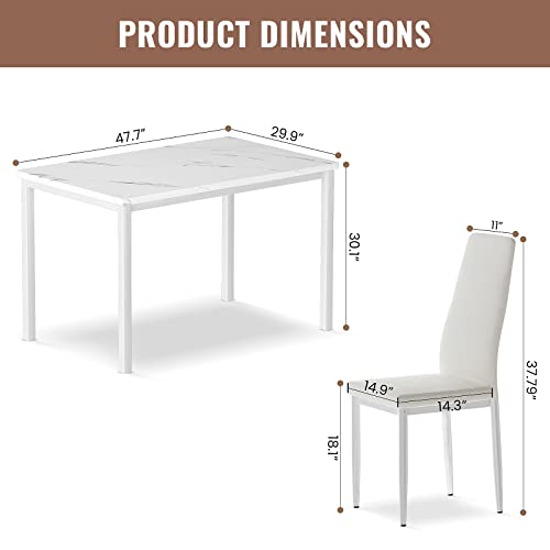 AWQM White Dining Table Set for 4,Faux Marble Kitchen Table and Chairs for 4 with Upholstered Leather Chairs,Dining Room Table Set for Kitchen,Small Spaces,Breakfast Nook,White+Beige
