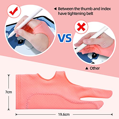 Artist Drawing Glove for Women [2 Pack Pink] 3-Layer Palm Rejection Right/Left Hand Digital Graphic Tablet iPad Art Gloves Two Finger Smooth Elasticity Breathable for Sketching Painting
