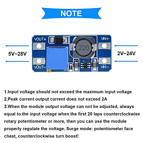 DAOKI 5 Pcs DC-DC Boost Converter MT3608 2V-24V to 5V-28V 2A Adjustable Voltage Regulator Step Up Power Supply Module for Arduino with 24AWG Wire