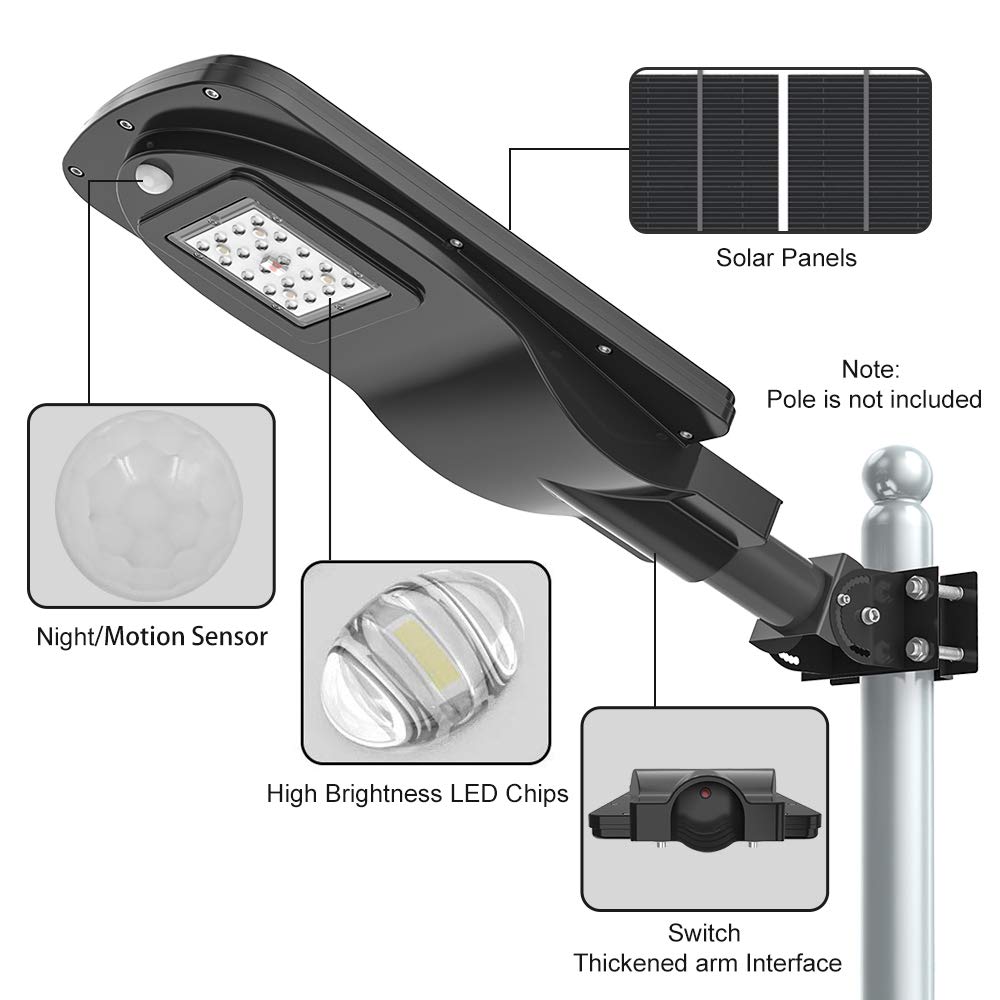 200W LED Solar Light, Motion Sensor Equipped, Dim to Bright Mode Changing Supported, Shoebox Light with 180 Degree Adjustable Arm Pole, IP68 Waterproof, 6000K Daylight for Outdoor Use (black, 200W)