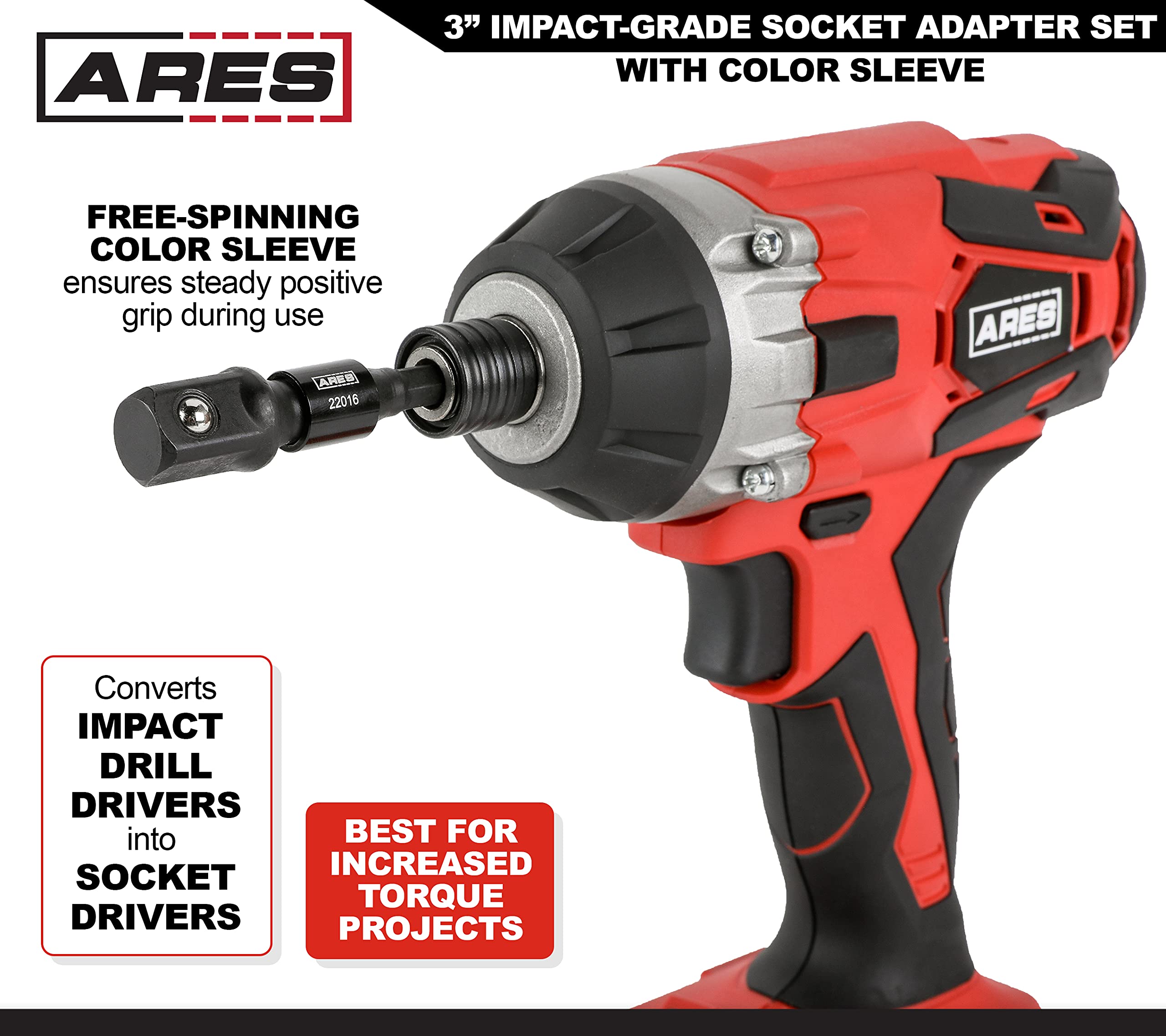 ARES 22011-3-Piece 3-Inch Impact Grade Socket Adapter Set with Color Sleeve - Turns Power Drill into High Speed Nut Driver - 1/4-Inch, 3/8-Inch, and 1/2-Inch Drive