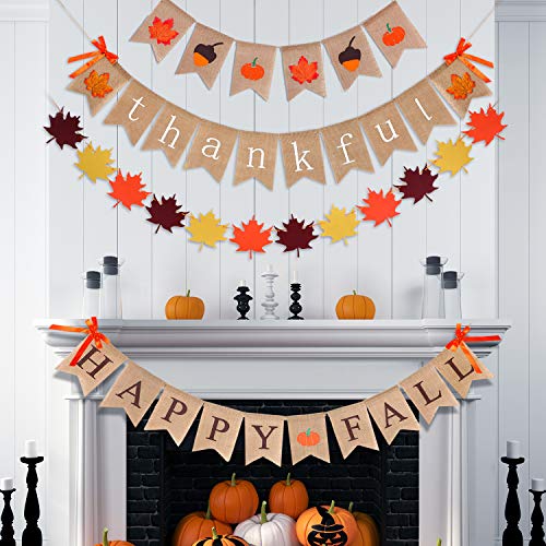 4 Pieces Thanksgiving Fall Decorations Burlap Thankful Banner Happy Fall Banner Pumpkins Maple Leaves Acorn Banner Felt Maple Leaves Garland Banner for Thanksgiving Decorations