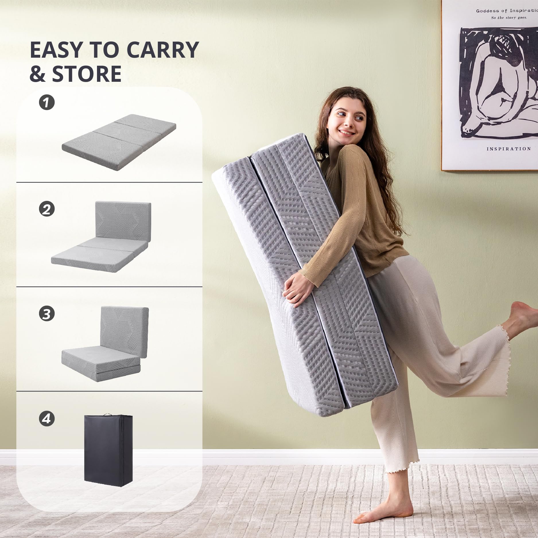 Folding Mattress, 4 Inch Full Tri Folding Memory Foam Mattress for Camping Guest Bed, Washable Cover & Non-Slip Bottom, 75" x 54" x 4", Grey