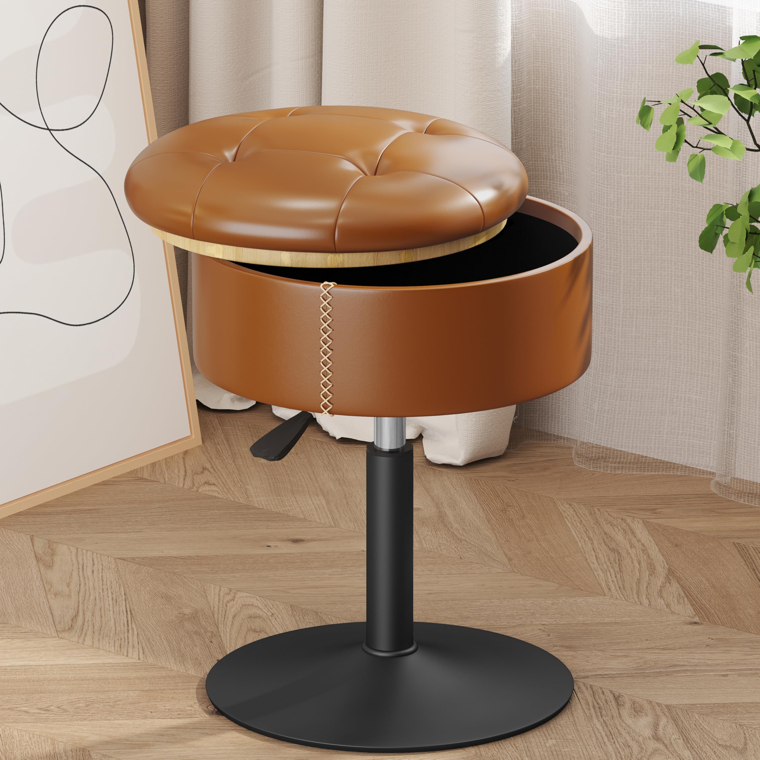 ACEQLYT® Modern Minimalist Vanity Stool with Hidden Storage, Adjustable Vanity Chair for Makeup Room, 300lb Load Capacity Ottoman Makeup Chair for Vanity Desk Bedroom Bathroom, Brown Leather
