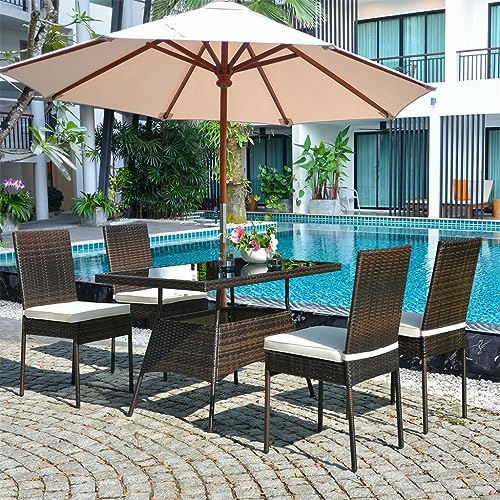 BaRdzo 5 PCS Patio Rattan Dining Set Glass Table High Back Chair Garden Deck Mix Brown