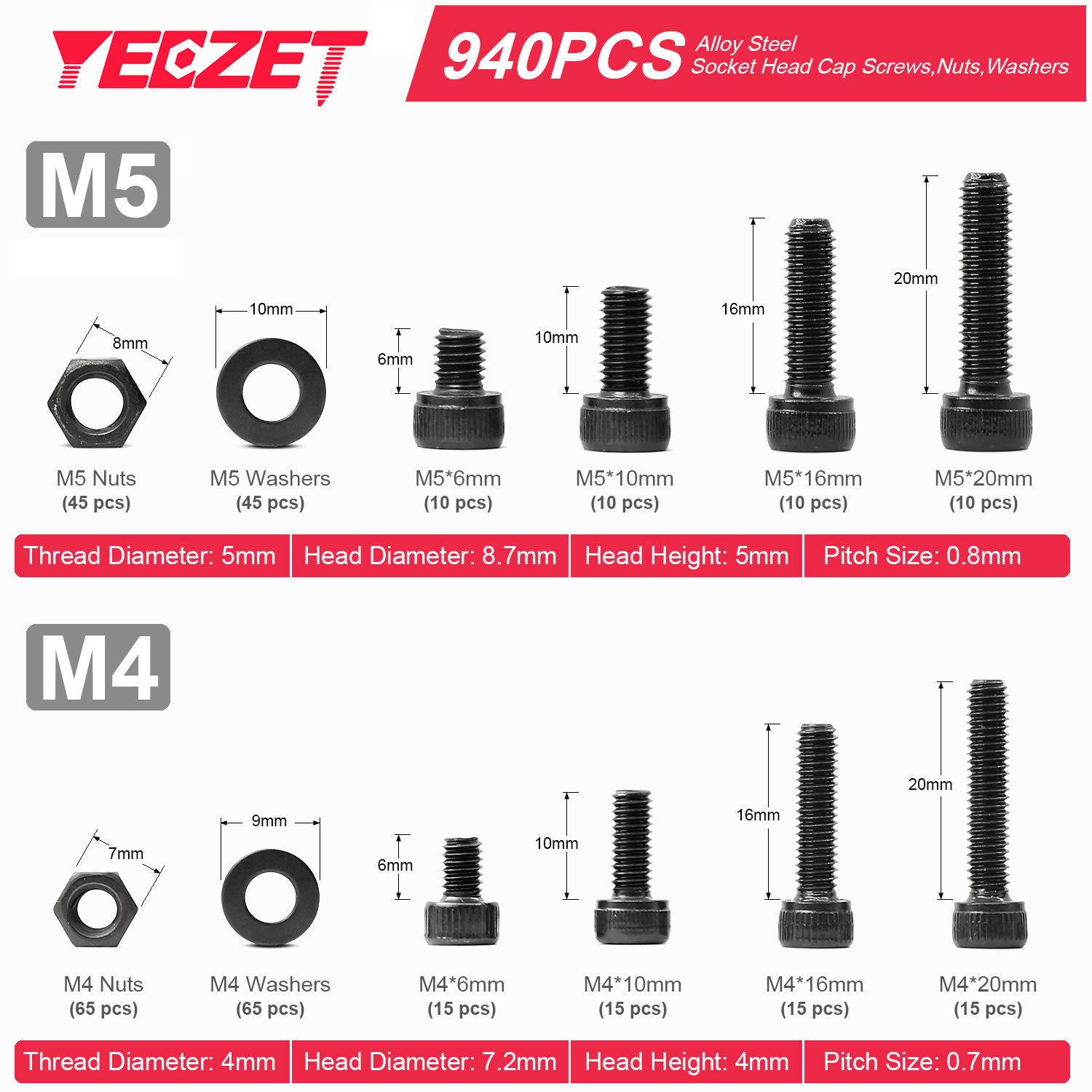 YEEZET M2 M3 M4 M5 12.9 Grade Alloy Steel Hex Socket Head Cap Screws Bolts Nuts Flat Washers Set Assortment Kit with Storage Box, Allen Socket Drive (940 PCS)