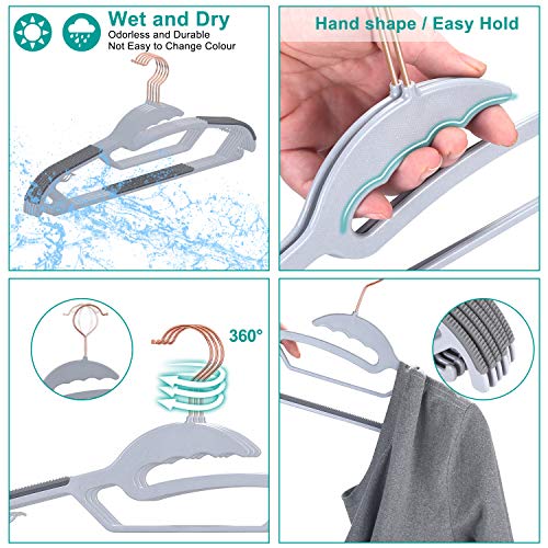 FSUTEG Plastic Hangers Space Saving Clothes Hangers, Upgraded Rubber Stripe Non Slip Coat Hanger, 50 Pack Heavy Duty Plastic Hangers for Clothes Grey