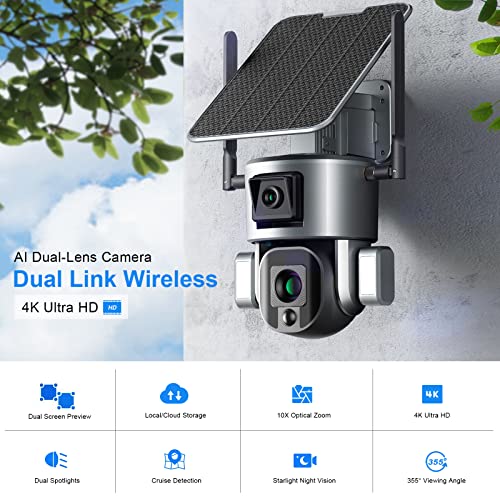 4K Solar Security Cameras Wireless Outdoor with Wireless 2.4G Wi-Fi 360° View, Solar Security Camera with AI Motion Detection, Infrared Night Vision,10x Optical Zoom, PTZ Control, 2-Way Talk, IP66