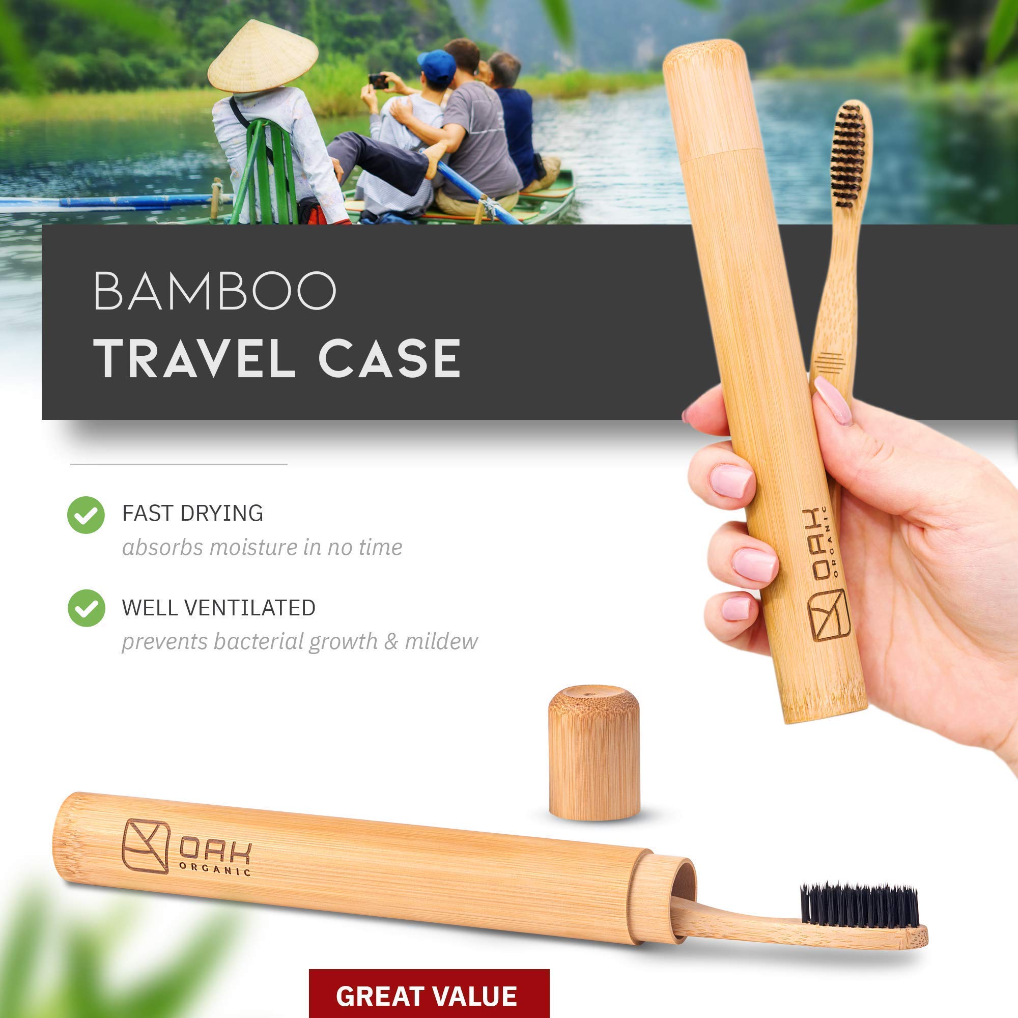 OAK ORGANIC Charcoal Toothbrush – Get Sparkling Clean Teeth – Natural Soft Bamboo Charcoal Toothbrush with Travel Case – Biodegradable Wooden Eco Toothbrush – 4 Set - EARTH, AIR, FIRE, WATER