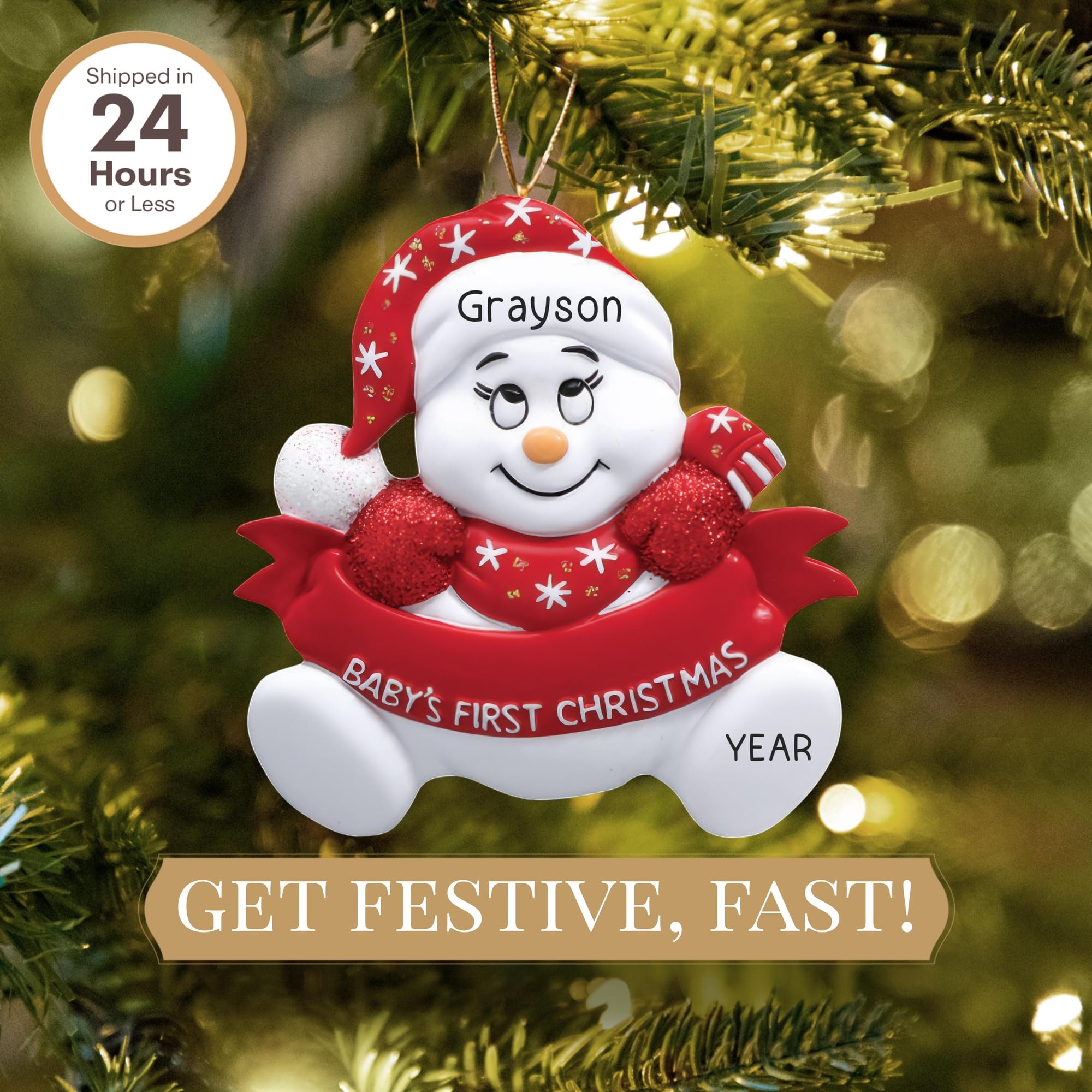Personalized Baby Ornament 2024 – Fast & Free 24h Customization – Baby First Christmas Ornament for Tree – Custom Gift Wrapped Red Baby Snowman Keepsake for Newborns