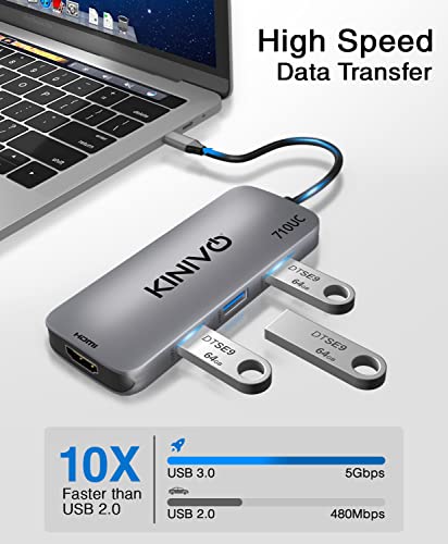 Kinivo 710UC USB C Hub (7 Port USB-C Adapter- 3 USB 3.0-5Gbps Data, 4K HDMI, 100W PD, SD, TF Card Reader) - Compatible with MacBook Pro Air (Thunderbolt 3), iPad Pro, Chromebook, XPS, Samsung