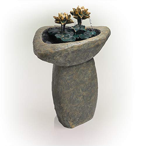 Alpine Corporation 30" Tall Outdoor Pedestal Lotus Rock Waterfall Fountain with LED Lights, Brown/Gray