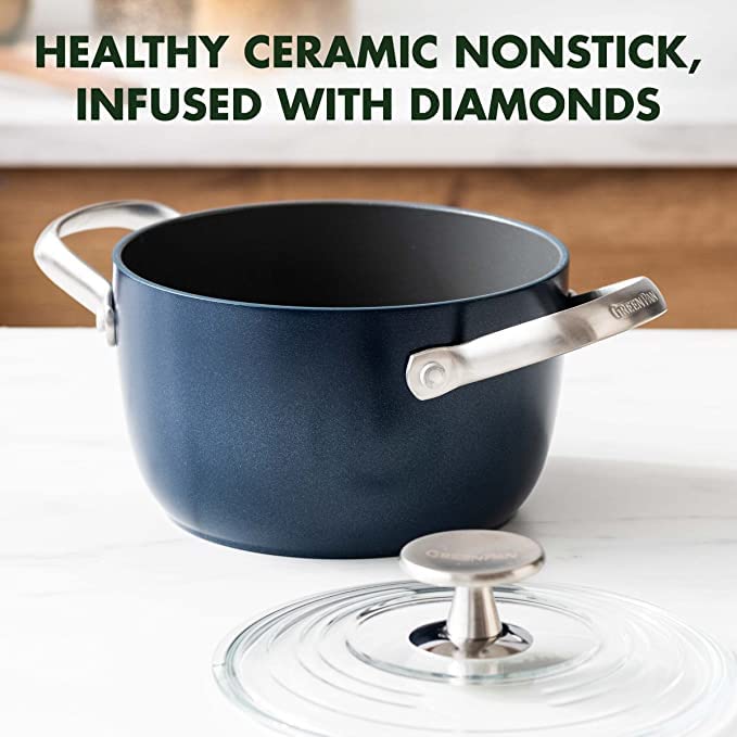 GreenPan Healthy Ceramic Nonstick, 2QT Rice Grains and Soup Maker Caldero Pot with Lid, PFAS-Free, Induction, Dishwasher Safe, Oven Safe, Blue