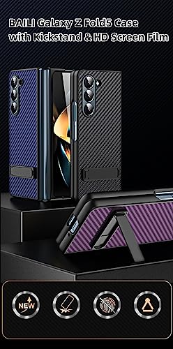 BAILI Galaxy Z Fold5 Case with Kickstand,Carbon Fiber Finish and Glass Back Z Fold5 Cover with HD Screen Film,Support Wireless Charging Shell for Samsung Galaxy Z Fold5-Blue