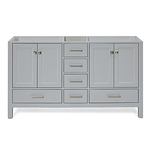 ARIEL 60" Grey Double Bathroom Vanity Base Cabinet, Double Sink Configuration, 4 Soft Closing Doors, 6 Full Extension Dovetail Drawers, Brushed Nickel
