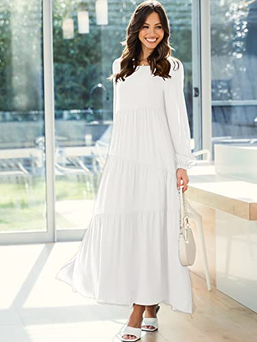 ANRABESS Women’s Boho Casual Loose Puff Long Sleeve Crewneck Asymmetric Tiered Beach Maxi Long Dress 596bai-M White