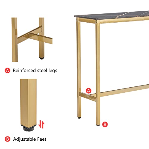 Aklaus 40" Bar Table,Rectangular Industrial Bar Height Table with Sturdy Gold Metal Frame Black Faux Marble Top,Pub Table High Top Dining Table Console Table for Dining Room Living Room Entryway