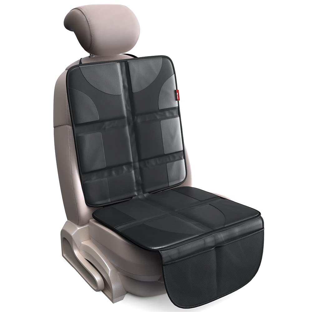 ROVICLU Car Seat Protector for Child Baby with Thickest Padding, Leather car seat Protection mat for Vehicles with Non-Slip Back Pad 8 Waterproof Layers, Mesh Storage Pockets, Universal (Black)