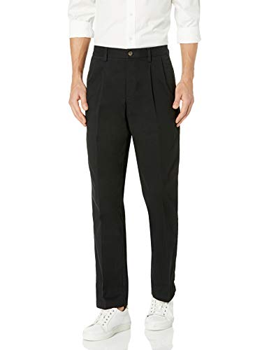 Amazon Essentials Men's Classic-Fit Wrinkle-Resistant Pleated Chino Pant (Available in Big & Tall), Black, 46W x 30L