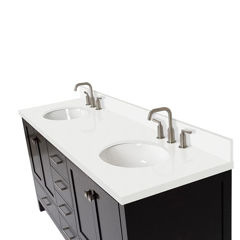 ARIEL Double Bathroom Vanity 73" Espresso with 1.5" Edge Pure White Quartz Countertop & Backsplash, Center Oval Sinks, 4 Soft Closing Doors, 6 Full Extension Dovetail Drawers, Brushed Nickel