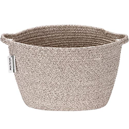 Sea Team Oval Cotton Rope Woven Storage Basket with Handles, Diaper Caddy, Nursery Nappies Organizer, Baby Shower Basket for Kid's Room, 14.2 x 9 x 11.4 Inches (Medium Size, Mottled Brown)