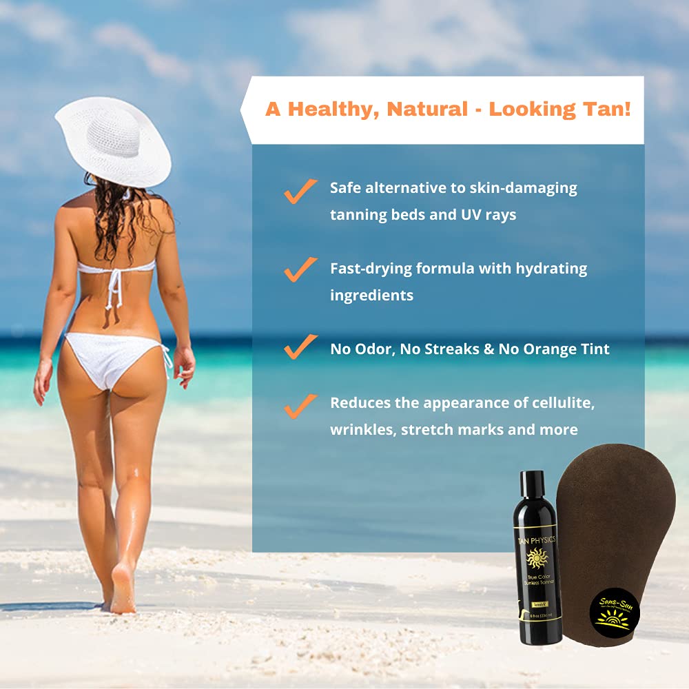 Tan Physics Self Tanner, 8 Fl oz with Face & Body Mitts, Black Exfoliation Gloves and Travel Bag - Tan Physics True Color Sunless Tanner - Tan Physics Sunless Tanner - 6 Pieces