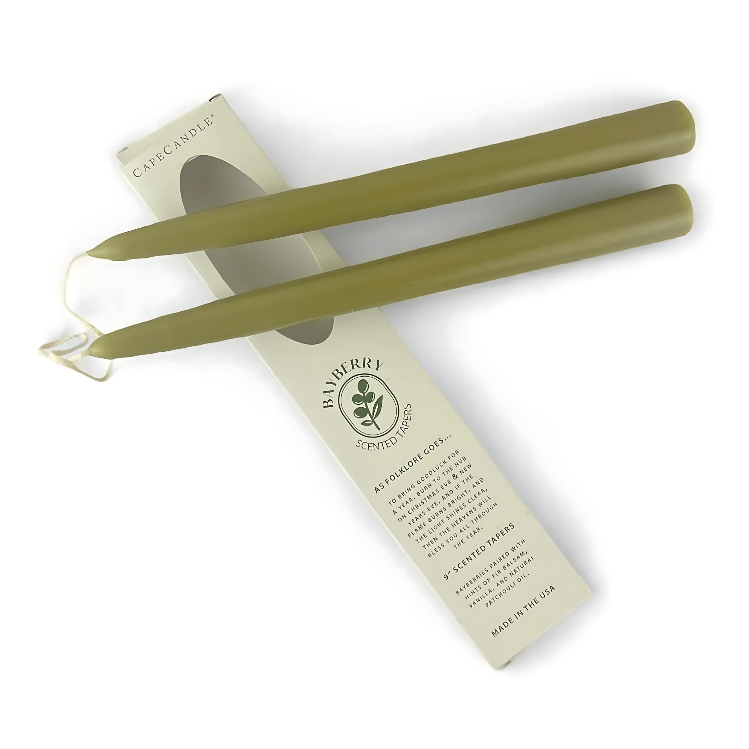 Cape Candle - Scented Bayberry Taper Candles 9β Pair, Bayberry Legend On Box