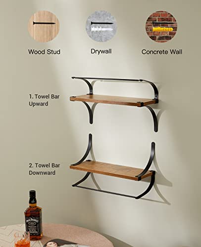 AMADA HOMEFURNISHING Floating Shelves Wall Mounted, Wall Shelves for Bathroom, Bedroom, Kitchen, Living Room, Bathroom Shelf with Towel Bar, Set of 2, Rustic Brown - AMFS20N