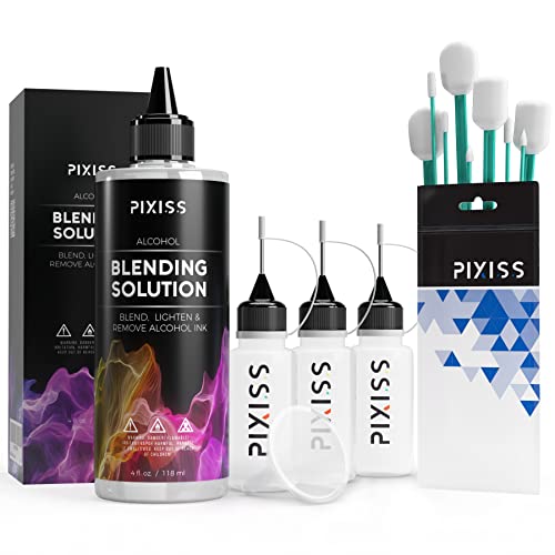 Alcohol Ink Blending Solution (4-Ounce), Pixiss Alcohol Ink Blending Solution Tools, Pixiss Needle Tip Applicator and Refill Bottles and Funnel - Bundle for Yupo Paper and Resin