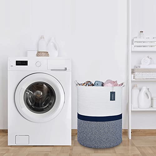 COMSE Extra Large Blanket Basket, Tall Storage Basket, 15.7βx 21.7β, Tall Rope Laundry Basket, Cotton Rope Basket, XXXL Laundry Basket, Toy Basket, Woven Basket, Clothes Baskets, Blend White/Navy Blue