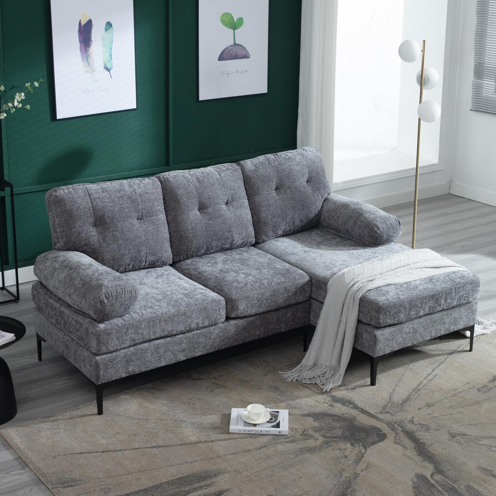 80 Inch Sectional Sofa, Modern Comfy Chenille L Shape Sofa with Chaise Lounge 3 Seat Sleep Sofa with Fluffy Armrests Deep Seat Sofa for Living Room Small Space Apartment(Grey)