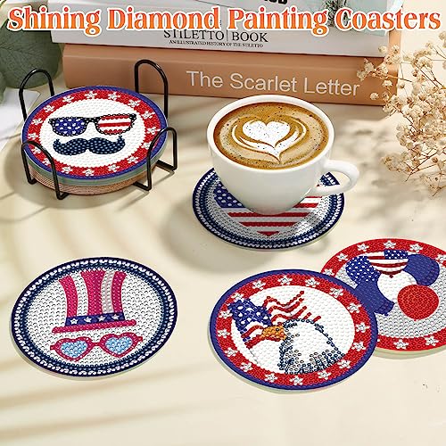 Billbotk 10 Pieces Independence Day Diamond Painting Coasters, Diamond Art Coasters with Holder, DIY Diamond Art Crafts Projects, Diamond Dots Kits for Adults and Beginners