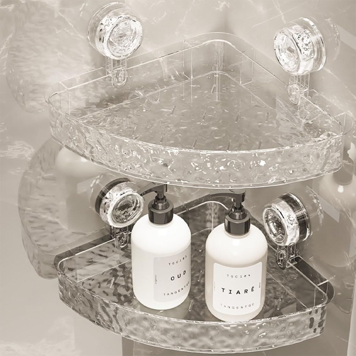 LGQY Raidley No Drill Clear Wall Caddy, Drill-Free Removable Multi Triangle Storage,2024 new light luxury style glacier pattern suction cup shelf (Clear-B)