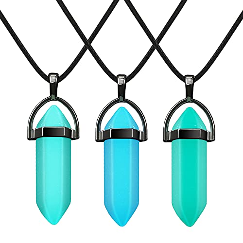 3 Pieces Halloween Luminous Fluorescent Crystal Necklaces Glow in the Dark Crystal Pendant Necklaces Hexagonal Gemstone Chain Necklaces