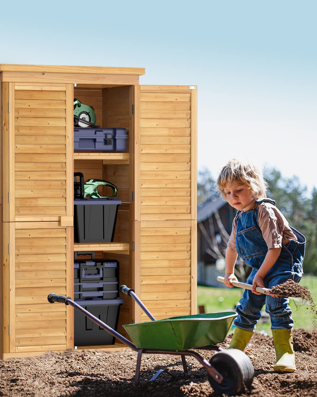 63.2" Outdoor Storage Cabinet with 3 Detachable Shelves, Lockable Wooden Garden Shed with Asphalt Roof, Vertical Tool Storage Shed for Backyard Patio Lawn Deck