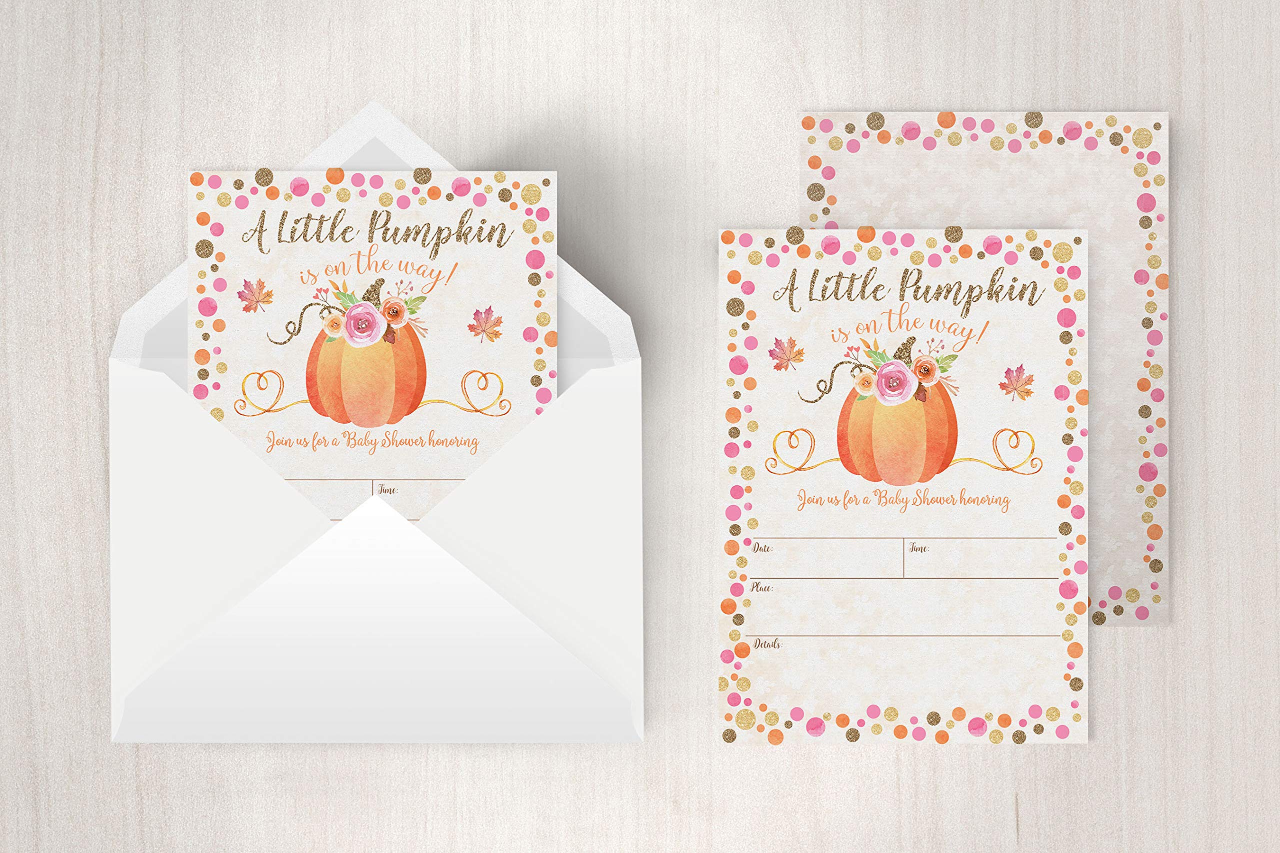 Pumpkin Fall Baby Shower Invitations, A7 Size Envelopes Included, Premium Heavy-weight Card Stock, Two Sided, Autumn Floral Design, 20 Count Pack