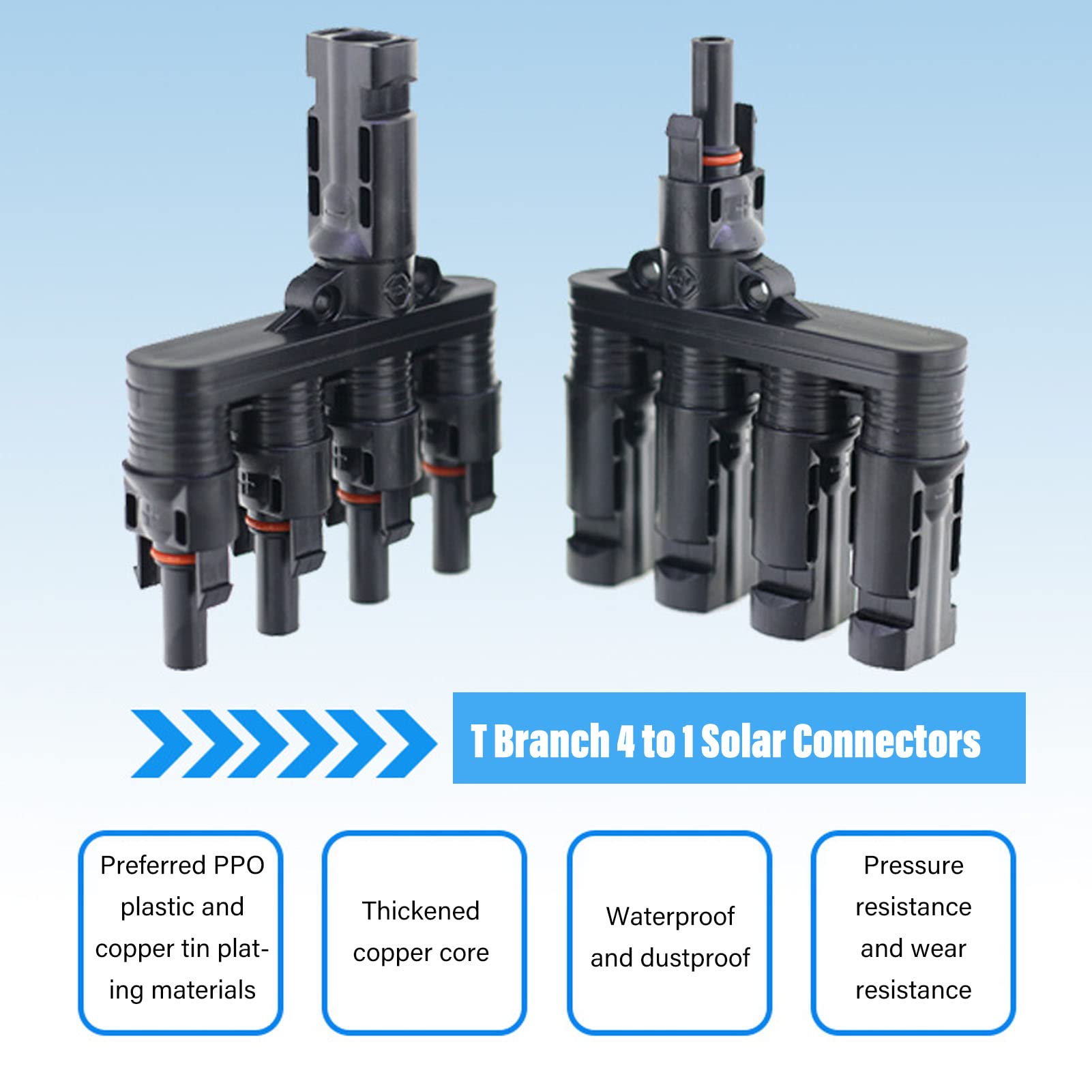 4 To 1 Solar Panel Connectors, 1000VDC Crimping Connection Anti Aging IP67 Waterproof Dustproof PPO Solar Panel Connectors for Outdoors