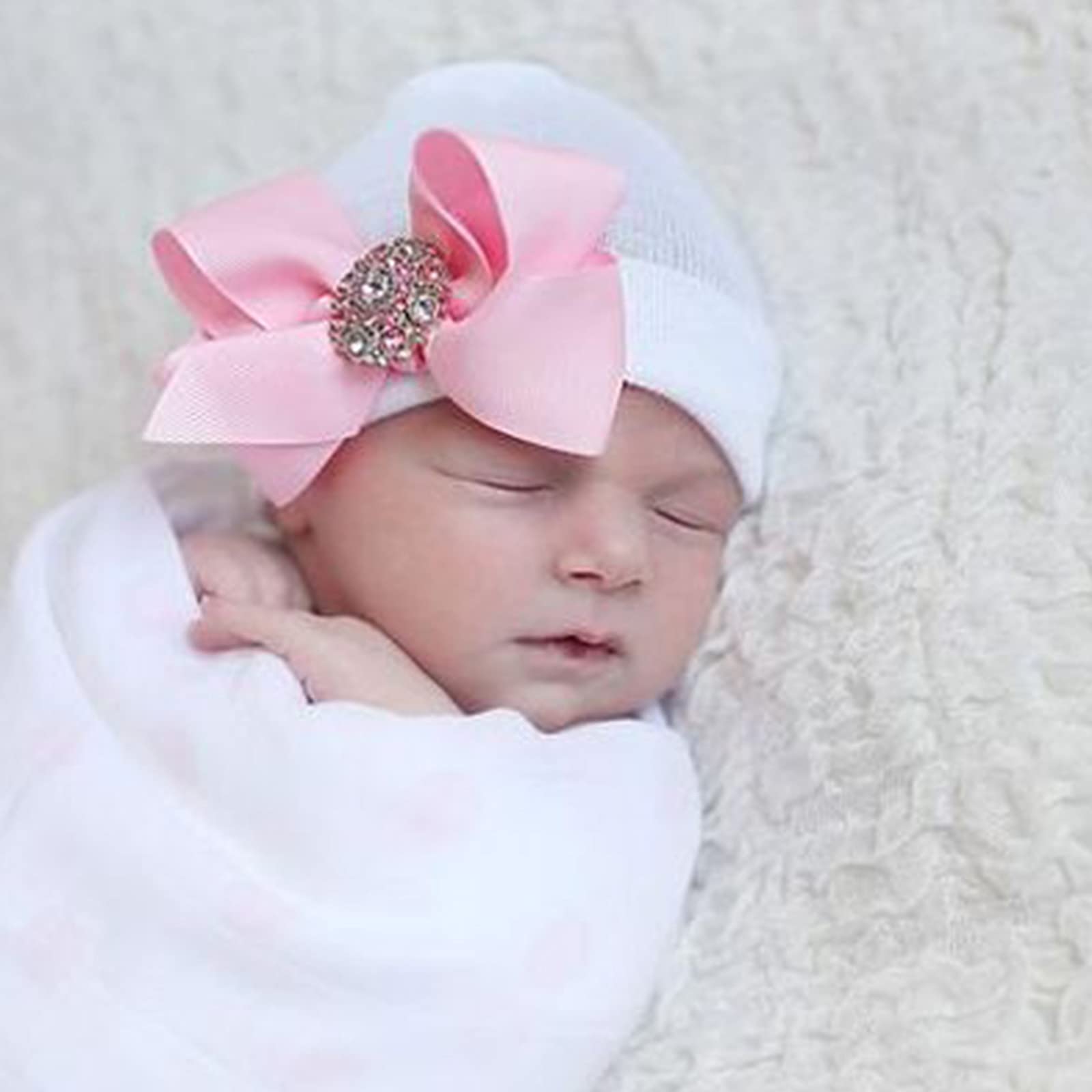 DRESHOW BQUBO Newborn Hospital Hat Infant Baby Hat Cap with Big Bow Soft Cute Knot Nursery Beanie