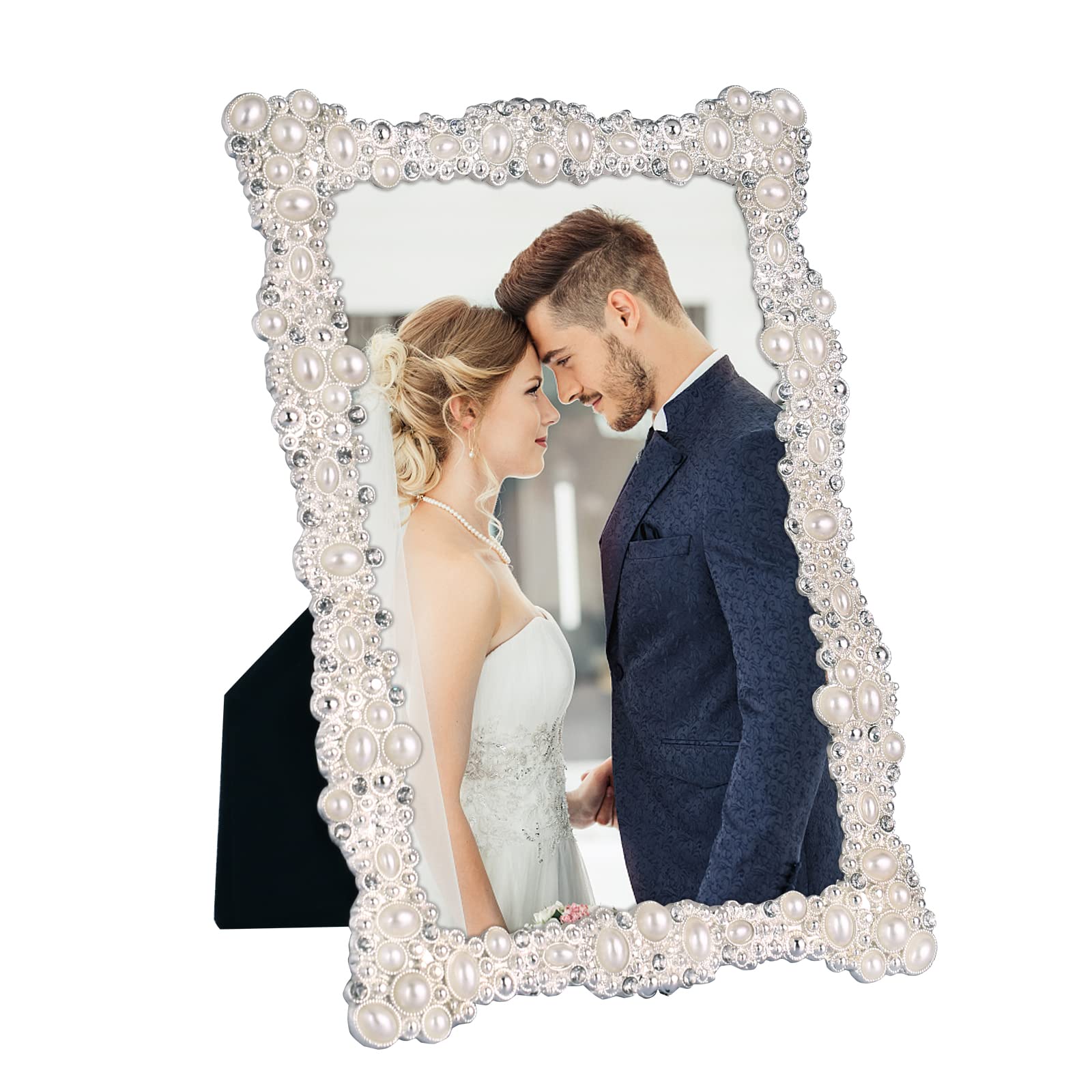 4x6 Pearl Picture Frame with Crystal for Wedding, Silver Plated with High Definition Glass Photo Frames with Rhinestones Horizontal and Vertical Decor Tabletop Display (Real Glass)