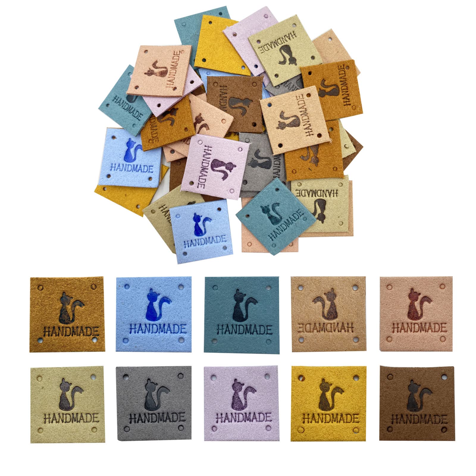 40 Pcs PU Leather Label Faux Leather Handmade Sew on Tag Label Handmade Embossed Tag Embellishment Crochet Knit DIY Jeans Bags Shoes Hat(Cat, 10colors)