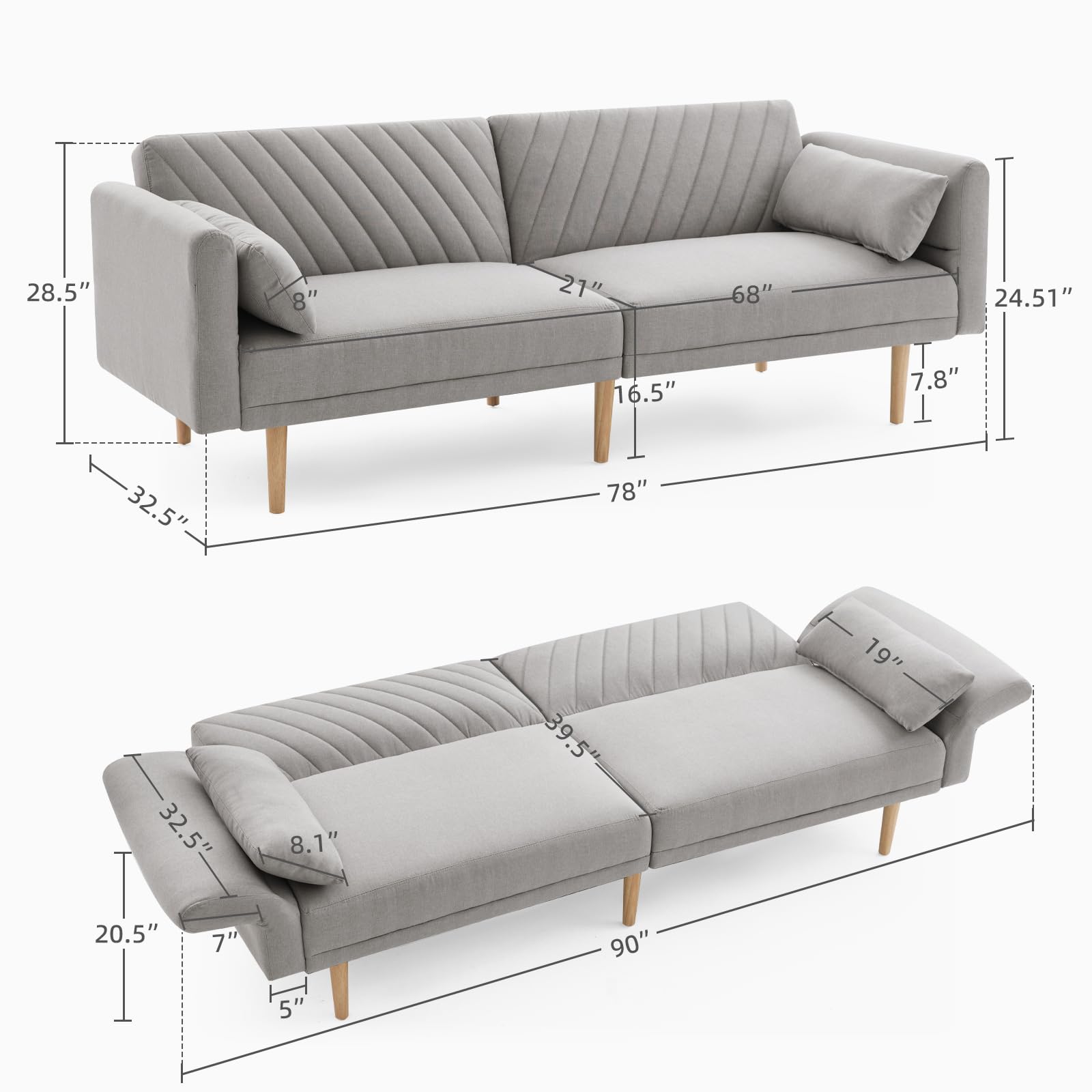 WILLOVE 78'' Fabric Futon Sofa Bed, Convertible Sleeper Couch Bed with Adjustable Armrests and Backrest, Sleeper Bed with 2 Pillows, Modern Futon Couches for Living Room, Light Gray