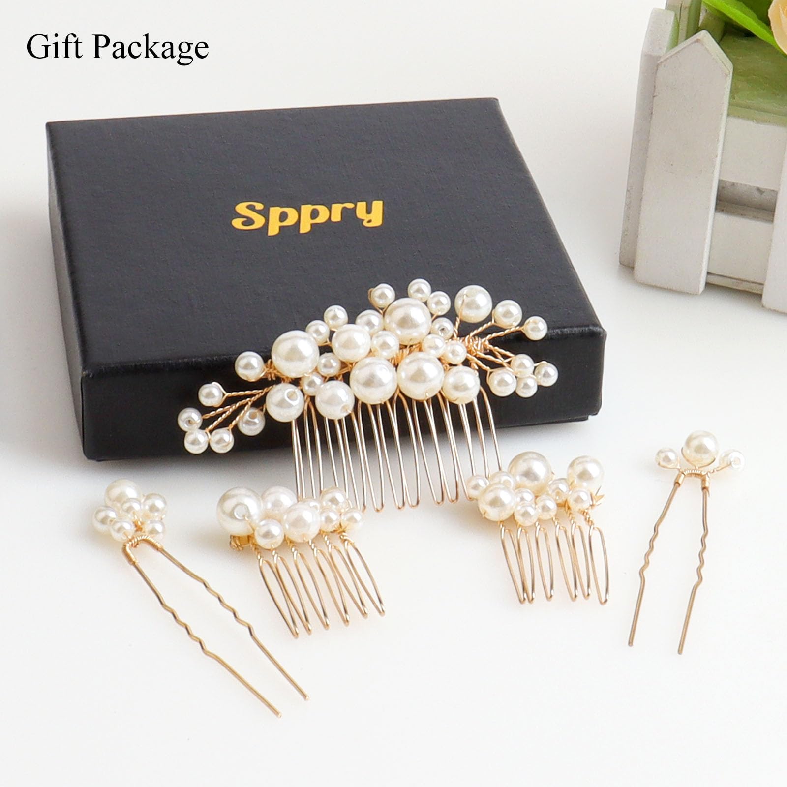 Sppry Wedding Pearl Hair Combs Set of 5 PCS - Elegant Hair Accessories for Bridal Women (Gold)