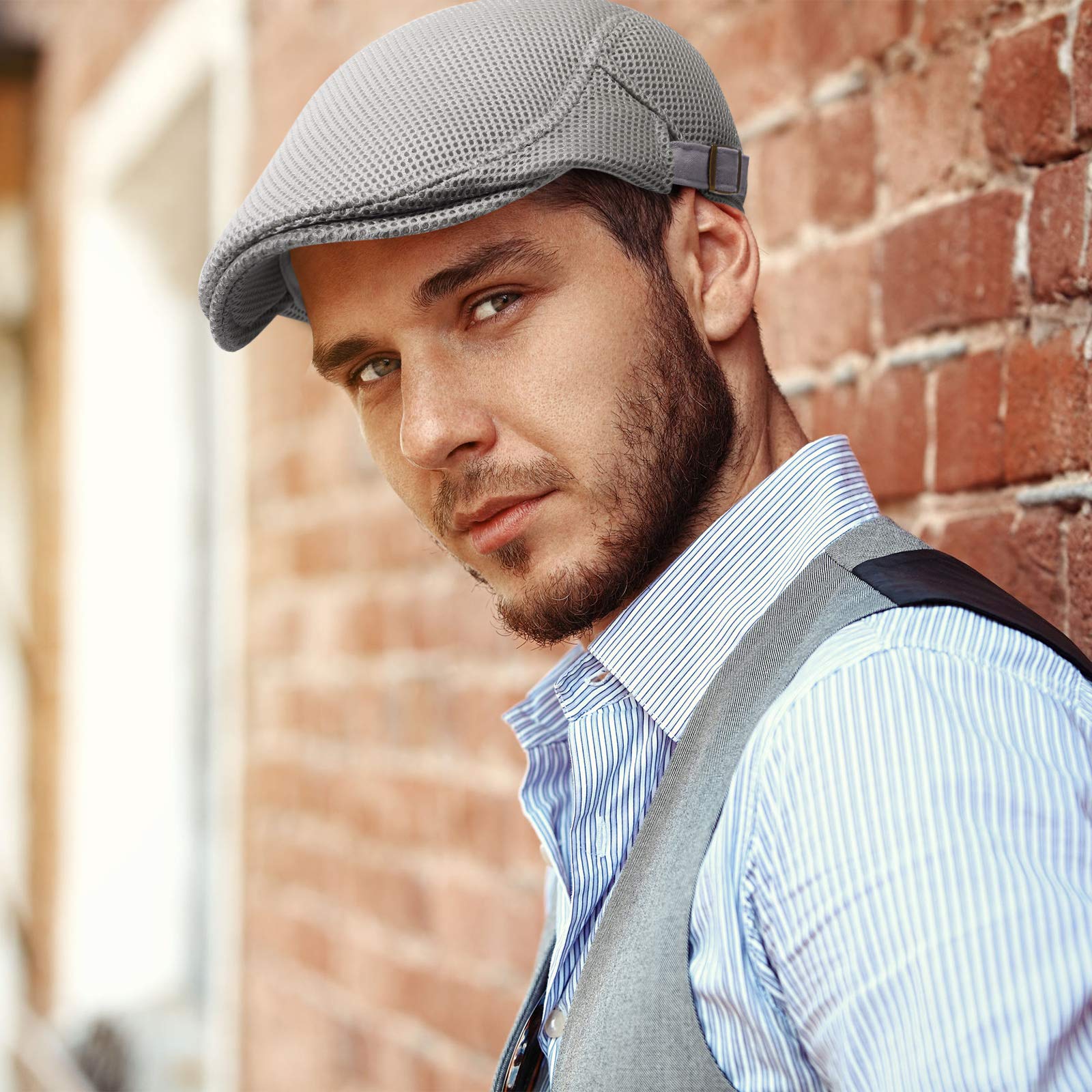 3 Pieces Newsboy Cap Mesh Breathable Summer Adjustable Cabbie Flat Beret (Light Gray, Navy Blue, Black)