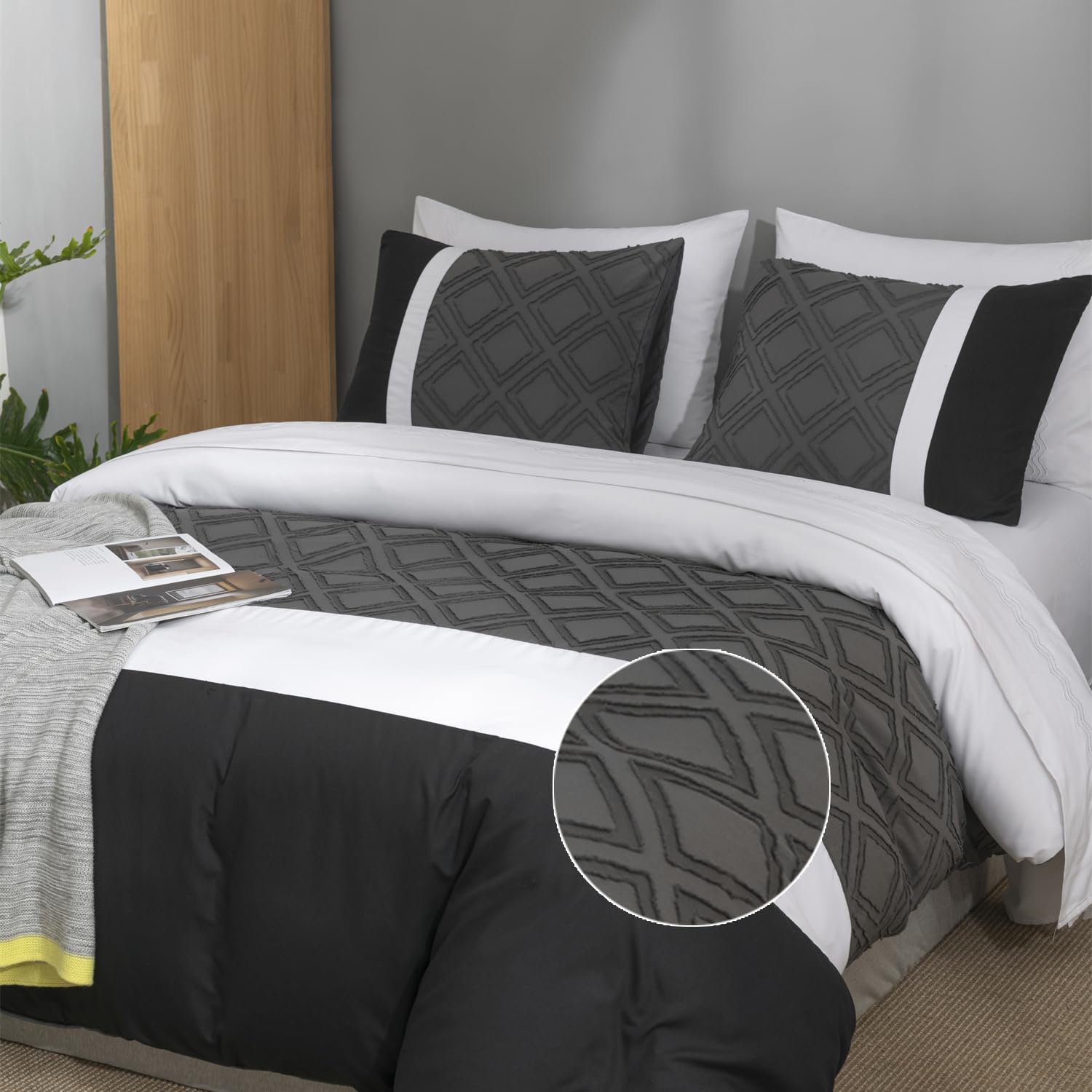 YASMENG Dark Gray Tufted Duvet Cover Queen Set Grey Black and White Colorblock Patchwork Bedding Comforter Cover Modern Farmhouse Boho Jacquard Rhomboid Tuft Texture Duvet Cover with 2 Pillowcases