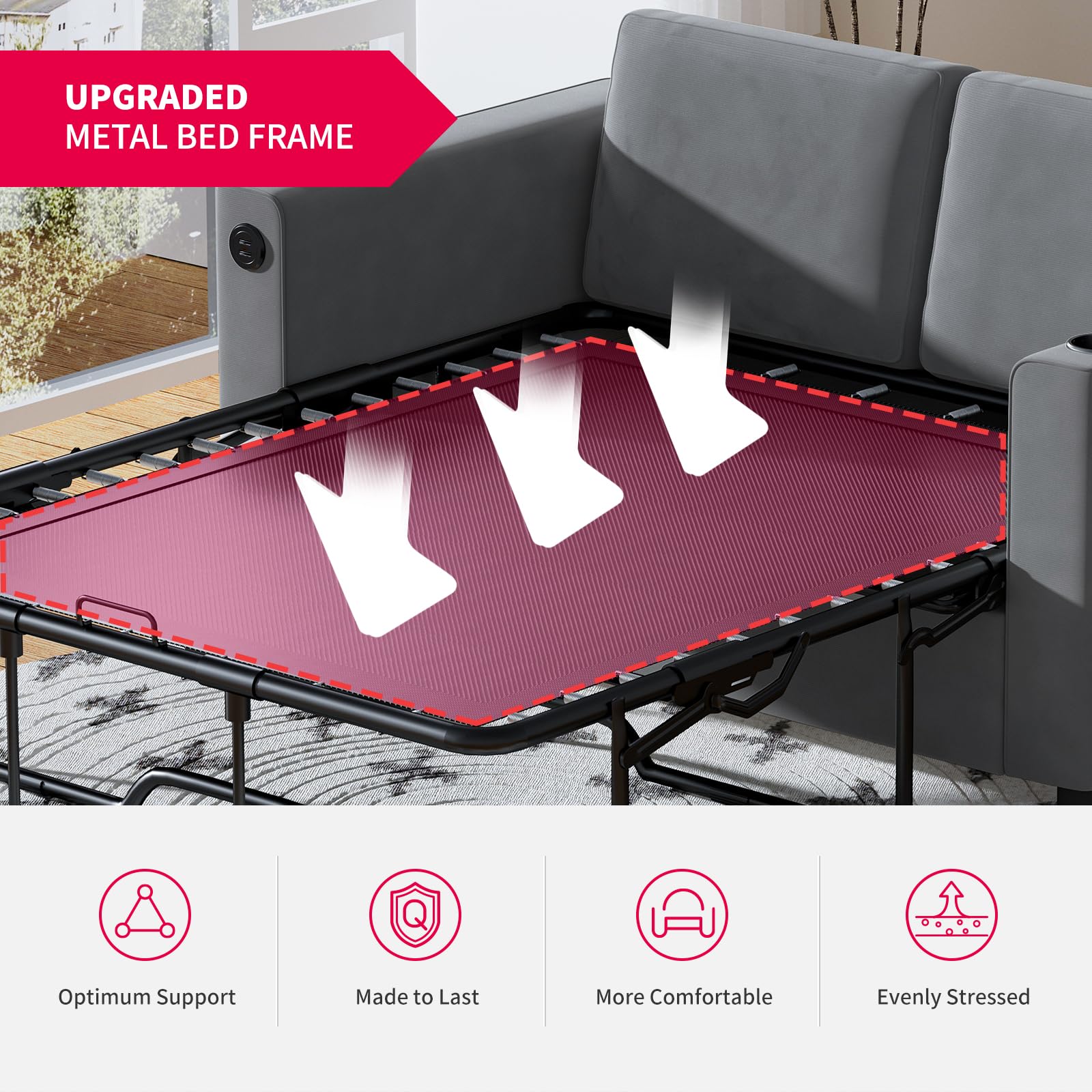MUZZ Pull Out Couch Bed, 2 in 1 Sleeper Sofa Bed with Cup Holder & USB, Modern Velvet Sofa Bed with Foam Matress for Living Room, Apartment, Office(Queen/Dark Grey)