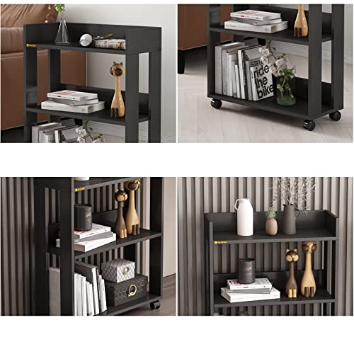 ALISENED Small Bookshelf and Bookcase, 3 Tier Wood Nightstand with Wheels, Modern Bedside End Table with Storage Rack for Bedroom, Library, Living Room, Home, Office Cart, Black