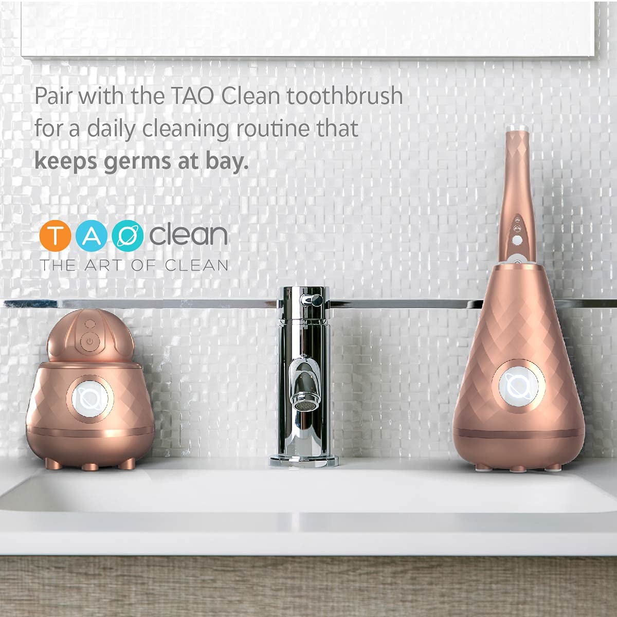TAO Clean Ona Diamond Orbital Facial Brush and Cleansing Station, Electric Face Cleansing Brush with Ergonomic Handle, Dual Speed Settings, Rose Gold