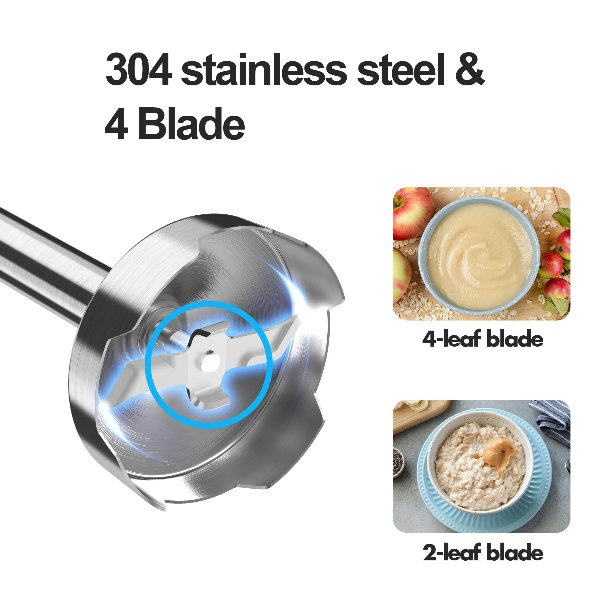 800W Electric Hand Blender - Immersion Blender with 12-Speed & Turbo, Stainless Steel Corded Hand Mixer for Kitchen, 3D 4-Blade Design for Effortless Mixing and Blending