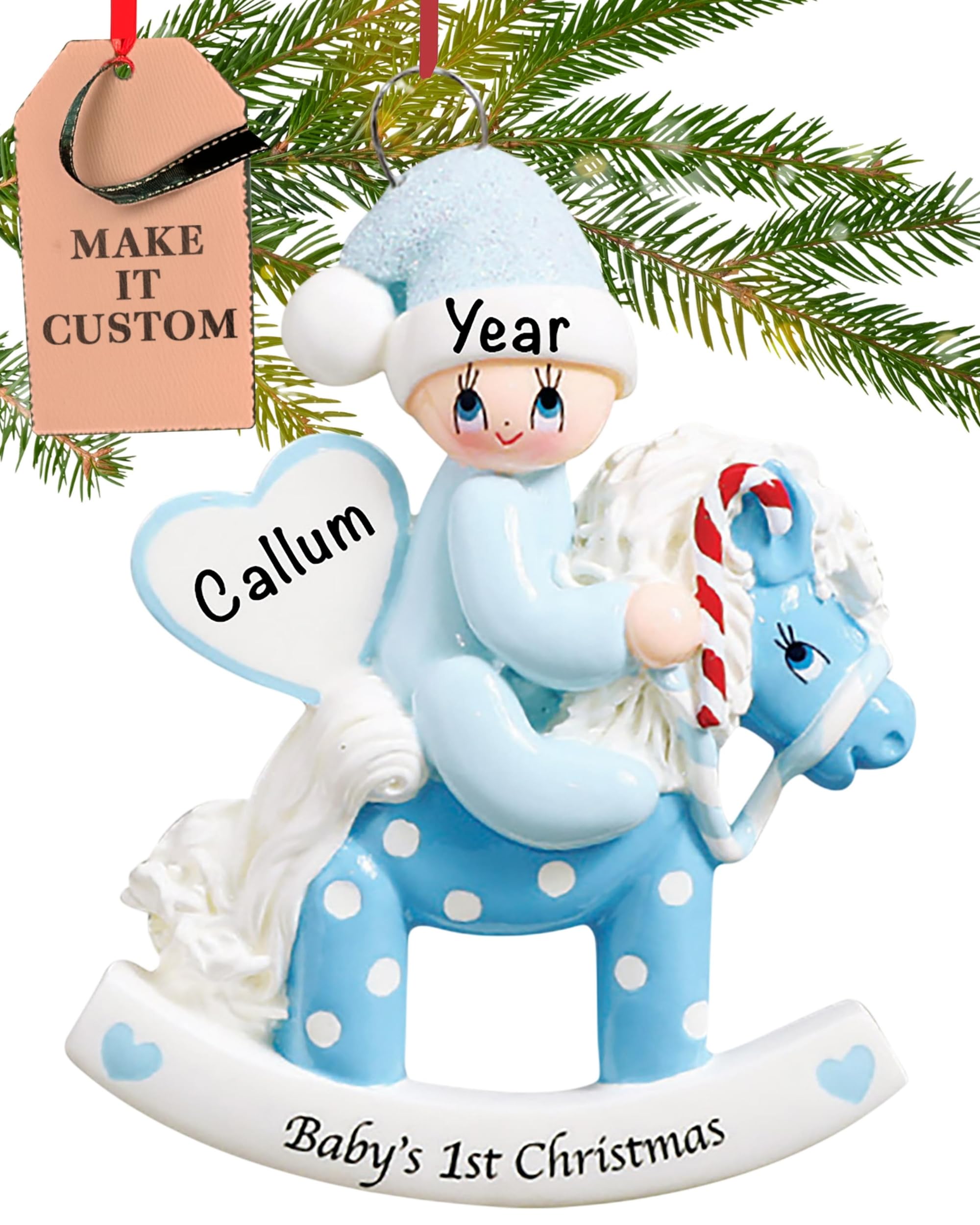 Personalized Baby Ornament 2024 – Fast & Free 24h Customization – Baby First Christmas Ornament for Tree – Custom Gift Wrapped Blue Baby 1st Christmas Rocking Horse Keepsake for Newborns